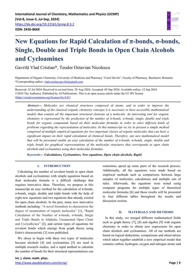 New Equations for Rapid Calculation of π-bonds, σ-bonds, Single, Double ...