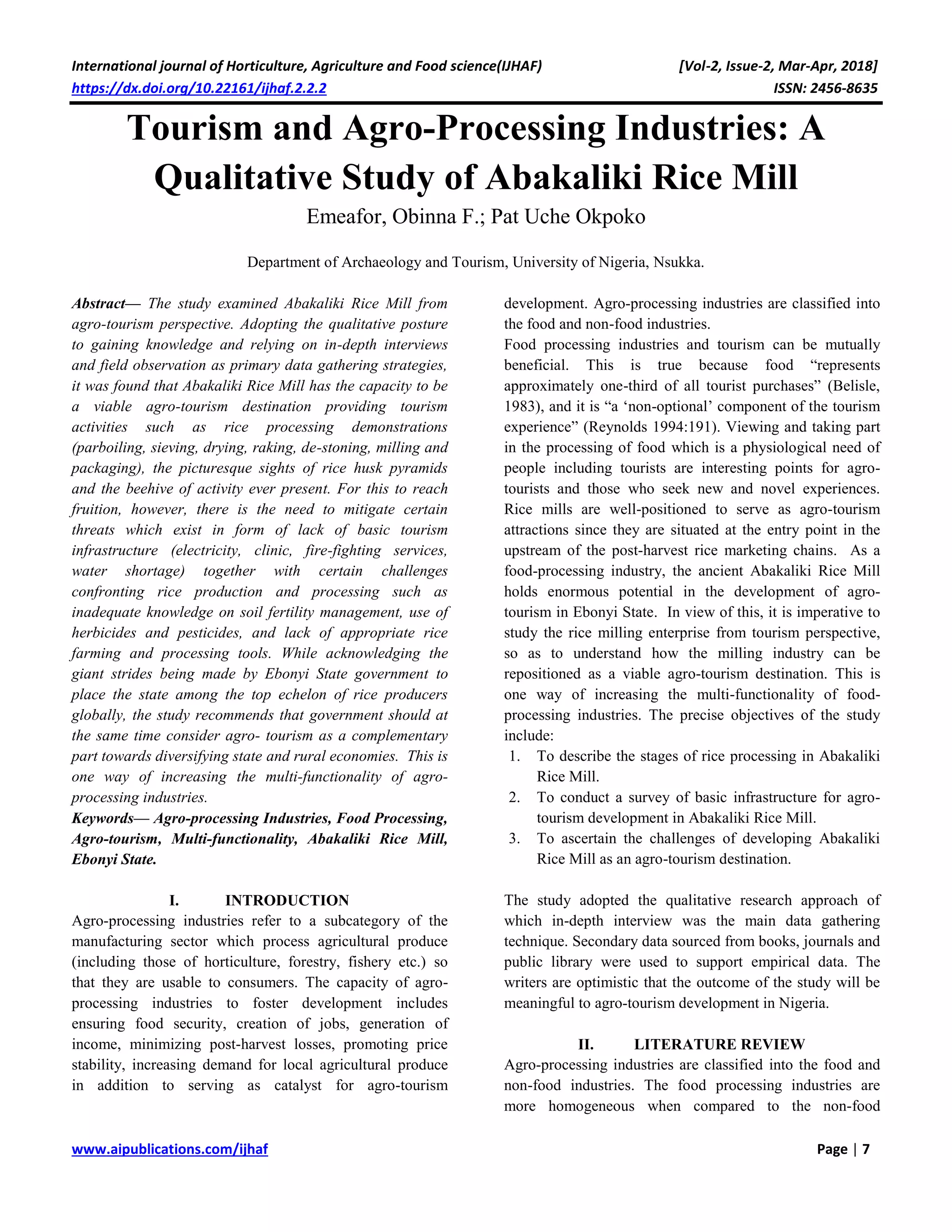 Tourism and Agro-Processing Industries: A Qualitative Study of Abakaliki Rice Mill | PDF