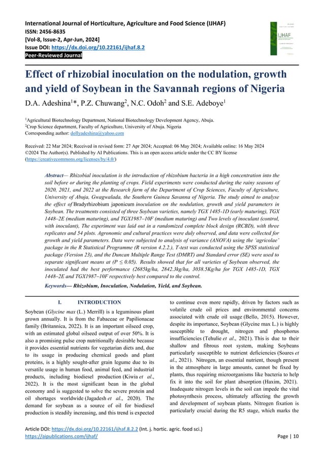 Effect of rhizobial inoculation on the nodulation, growth and yield of Soybean in the Savannah ...