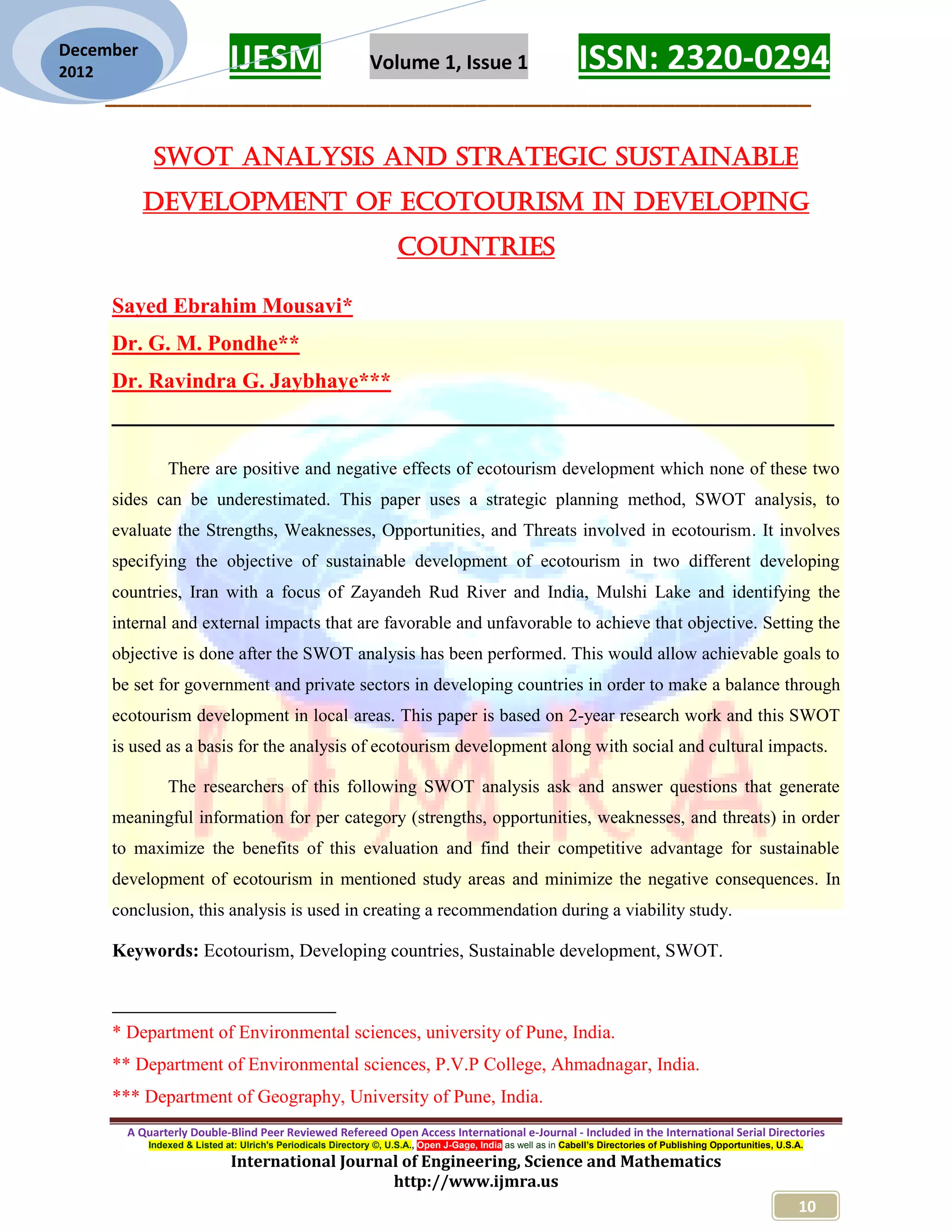 SWOT Analysis and Strategic Sustainable Development of Ecotourism in ...