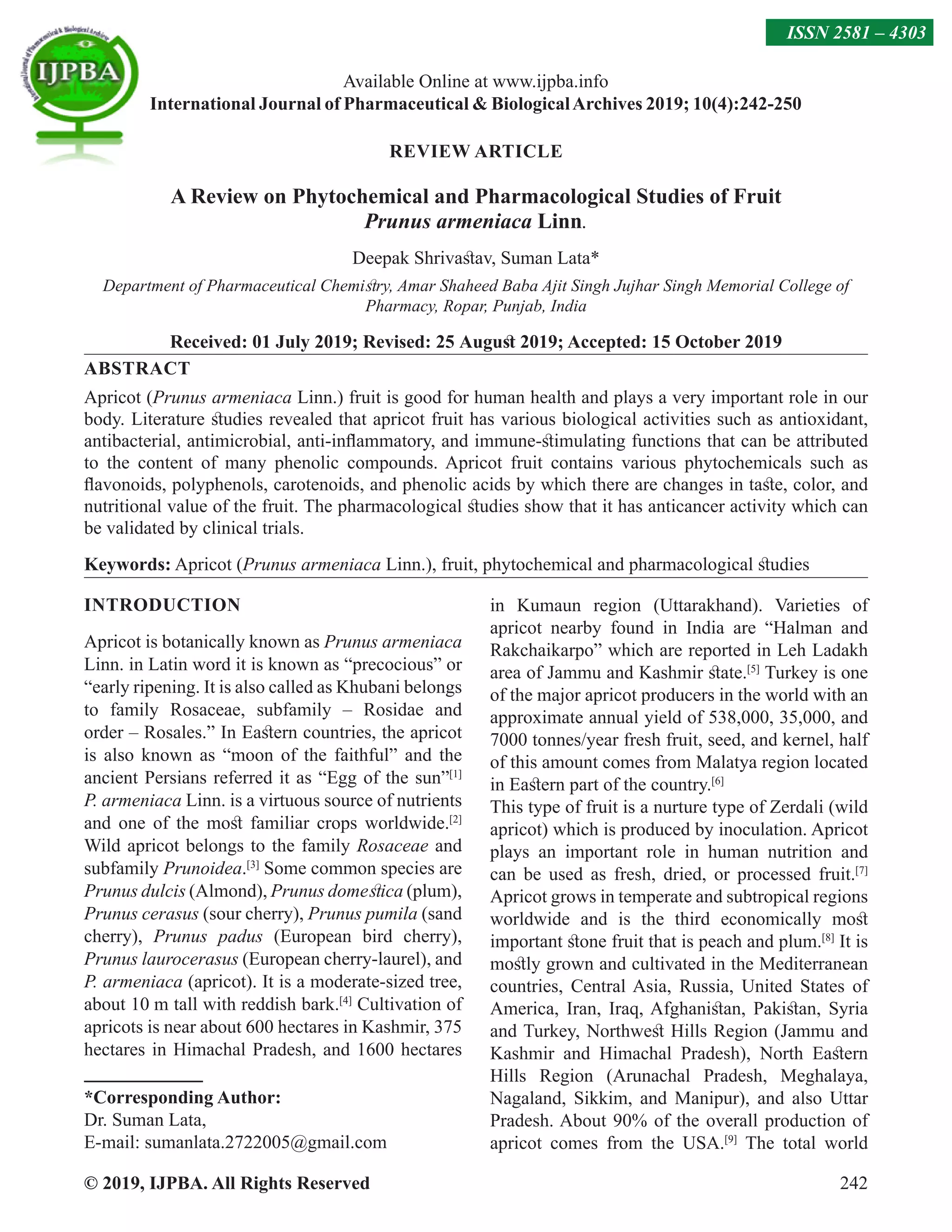 A Review on Phytochemical and Pharmacological Studies of Fruit Prunus armeniaca Linn. | PDF