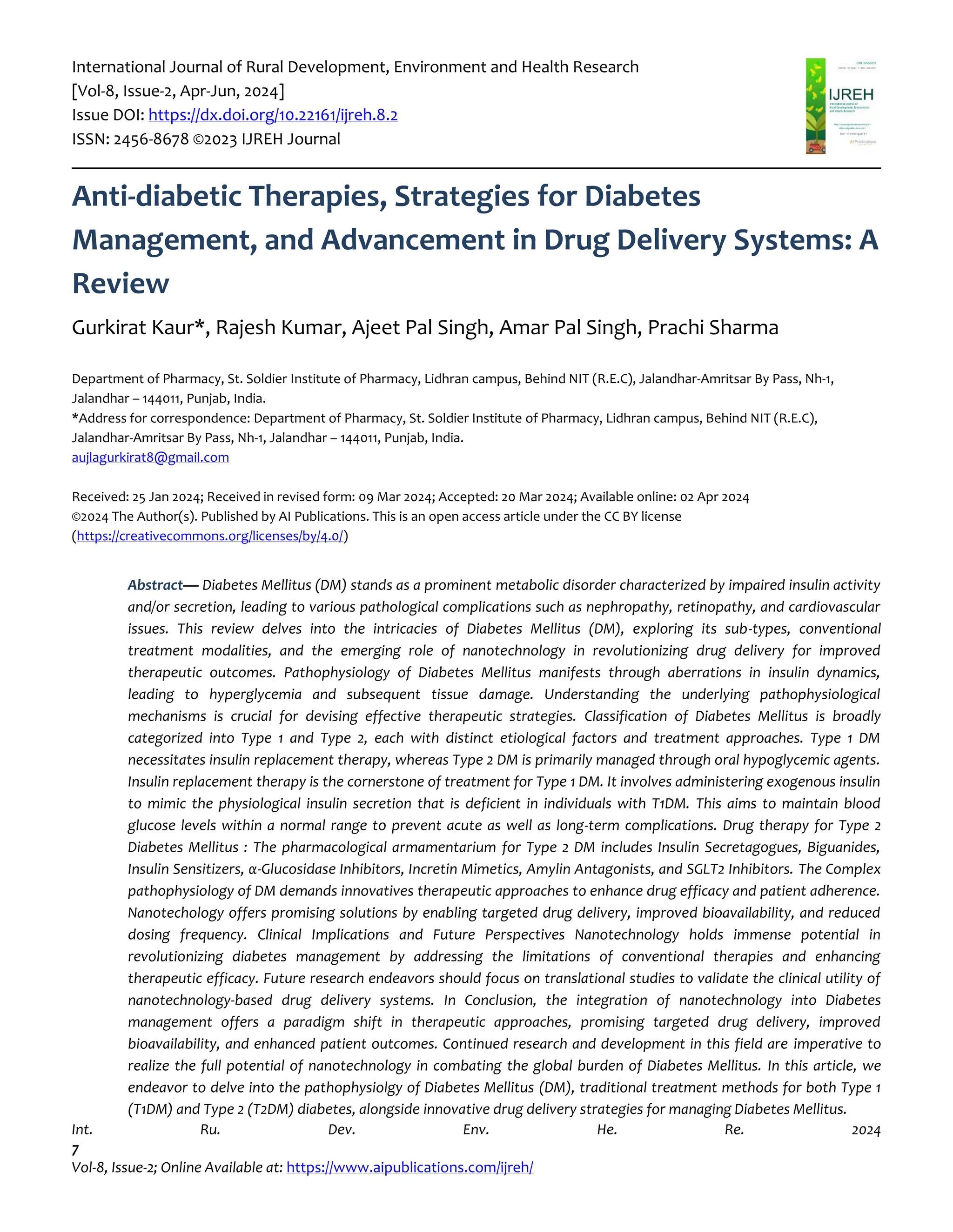 Anti-diabetic Therapies, Strategies for Diabetes Management, and ...