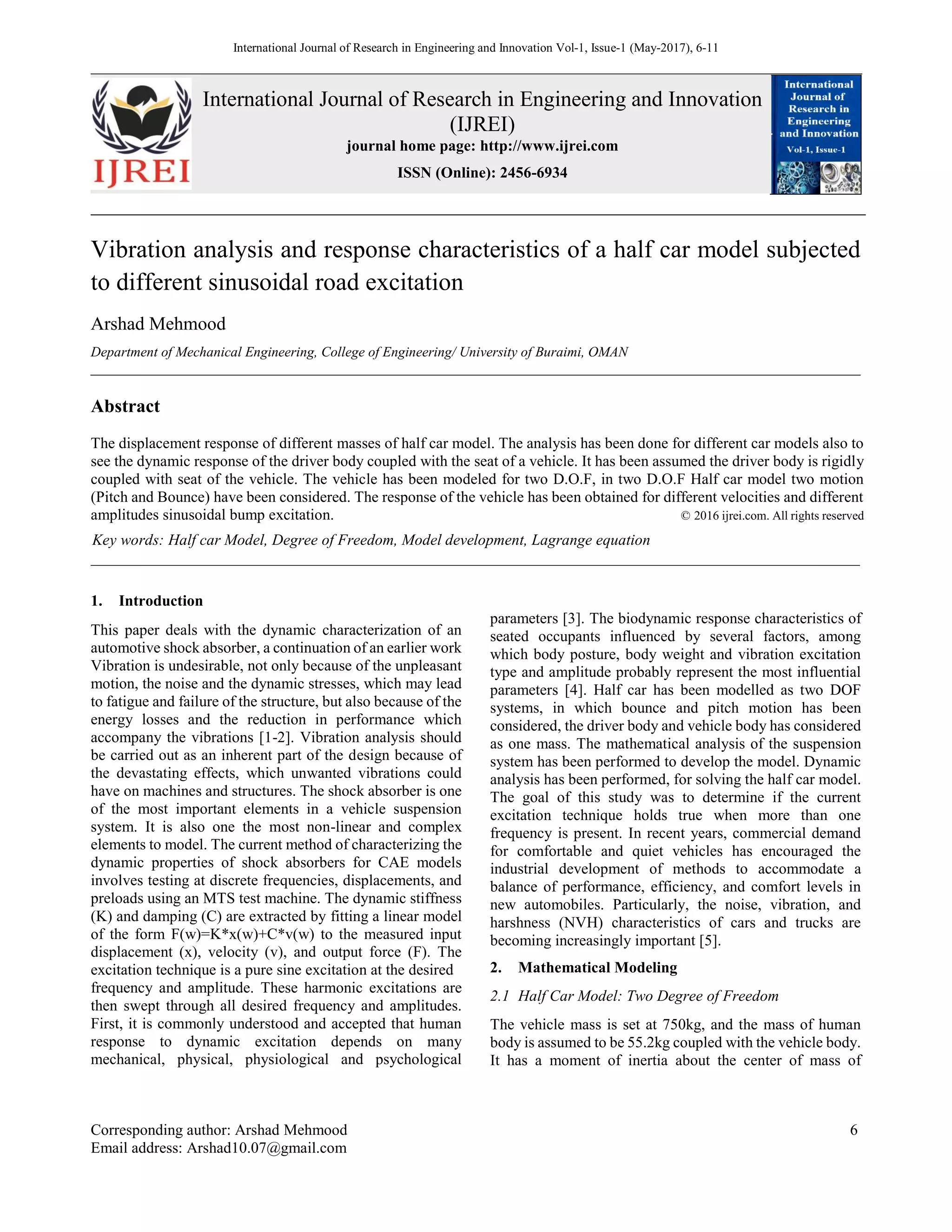 Vibration analysis and response characteristics of a half car model ...