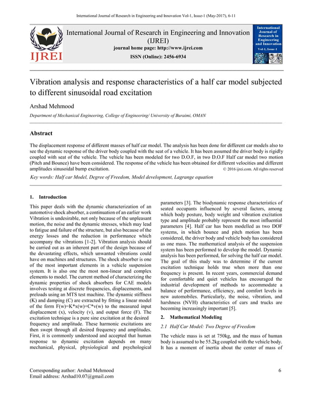 Vibration analysis and response characteristics of a half car model subjected to different ...