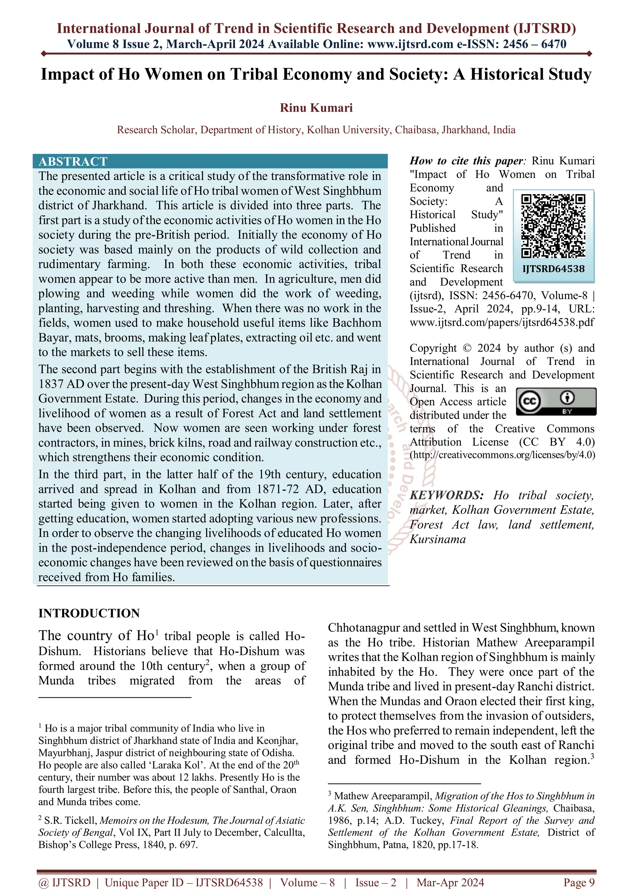 Impact of Ho Women on Tribal Economy and Society A Historical Study | PDF