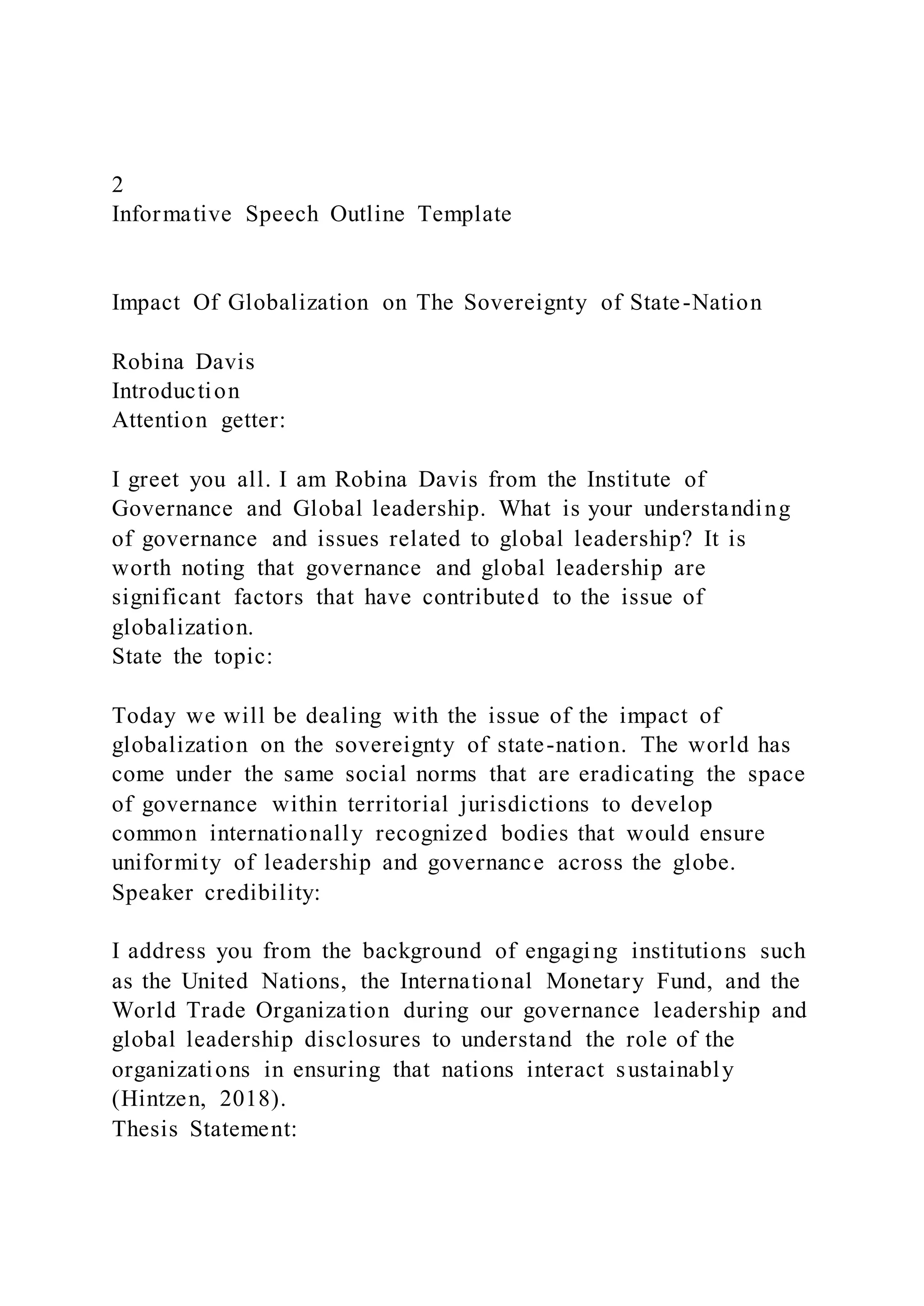 2Informative Speech Outline TemplateImpact Of Globalizatio | DOCX