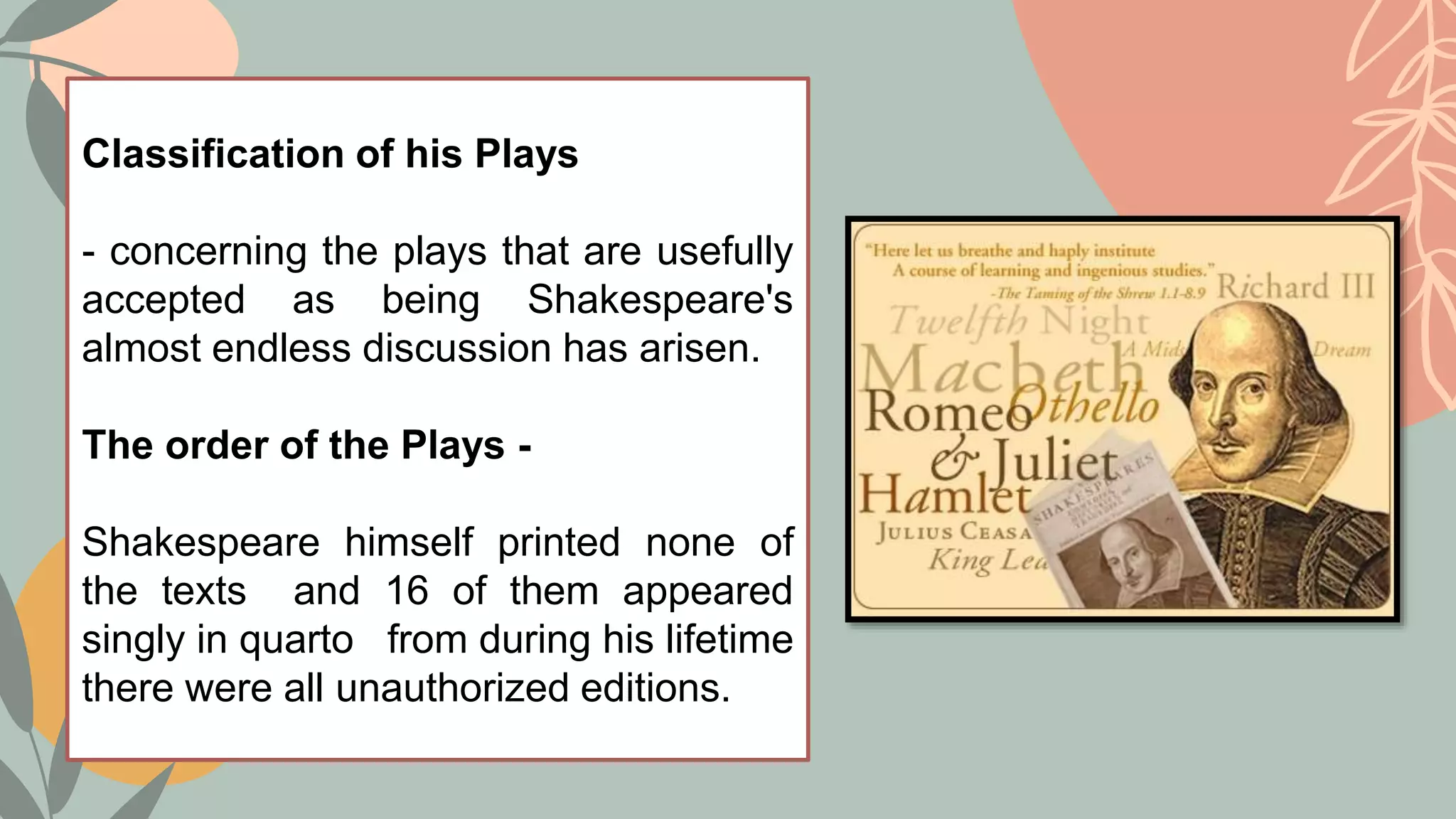 Shakespeare and his classification of plays | PPT