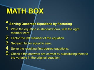 2 lesson 1 the factoring method | PPTX
