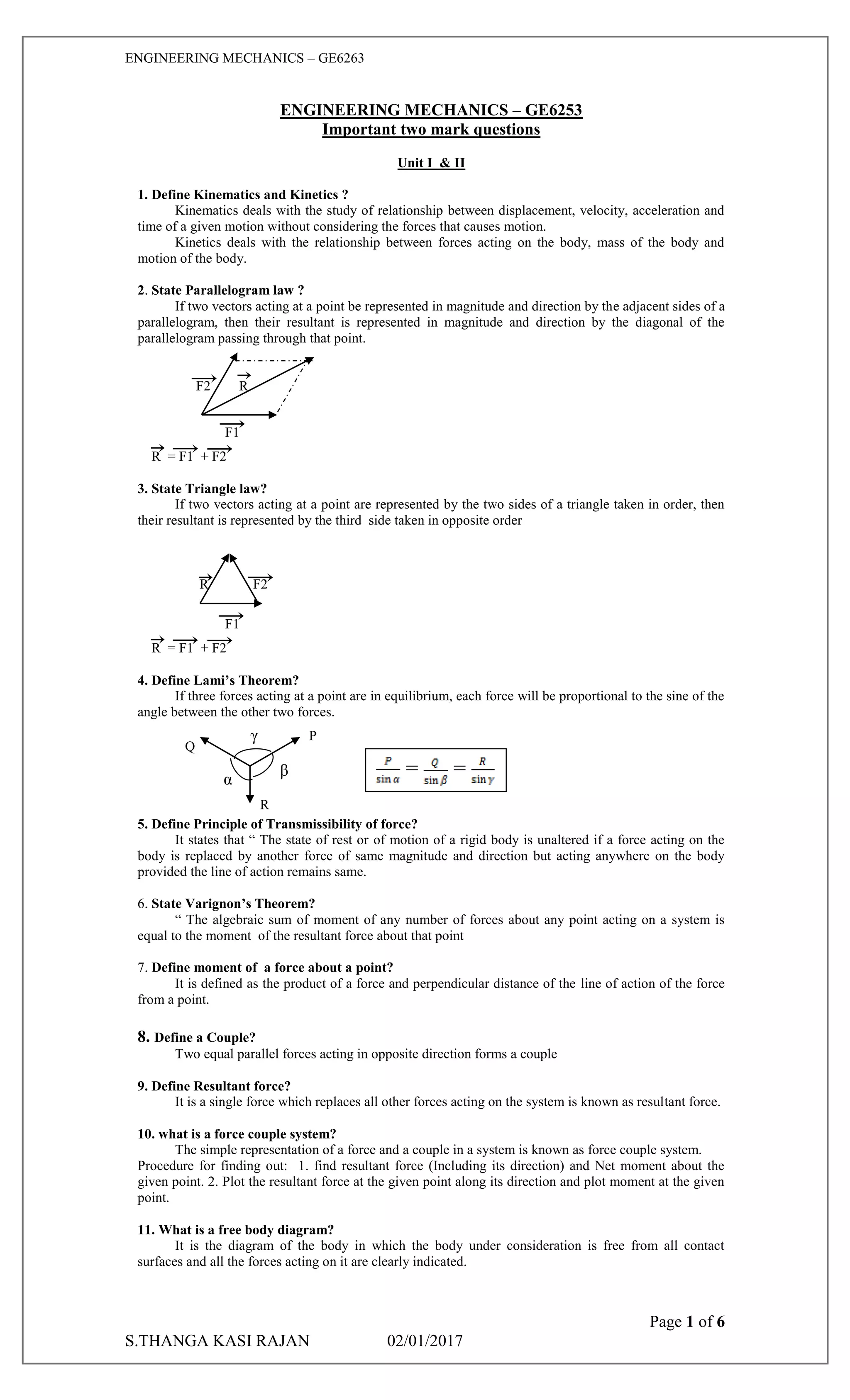 2 mark question engineering mechanics | PDF