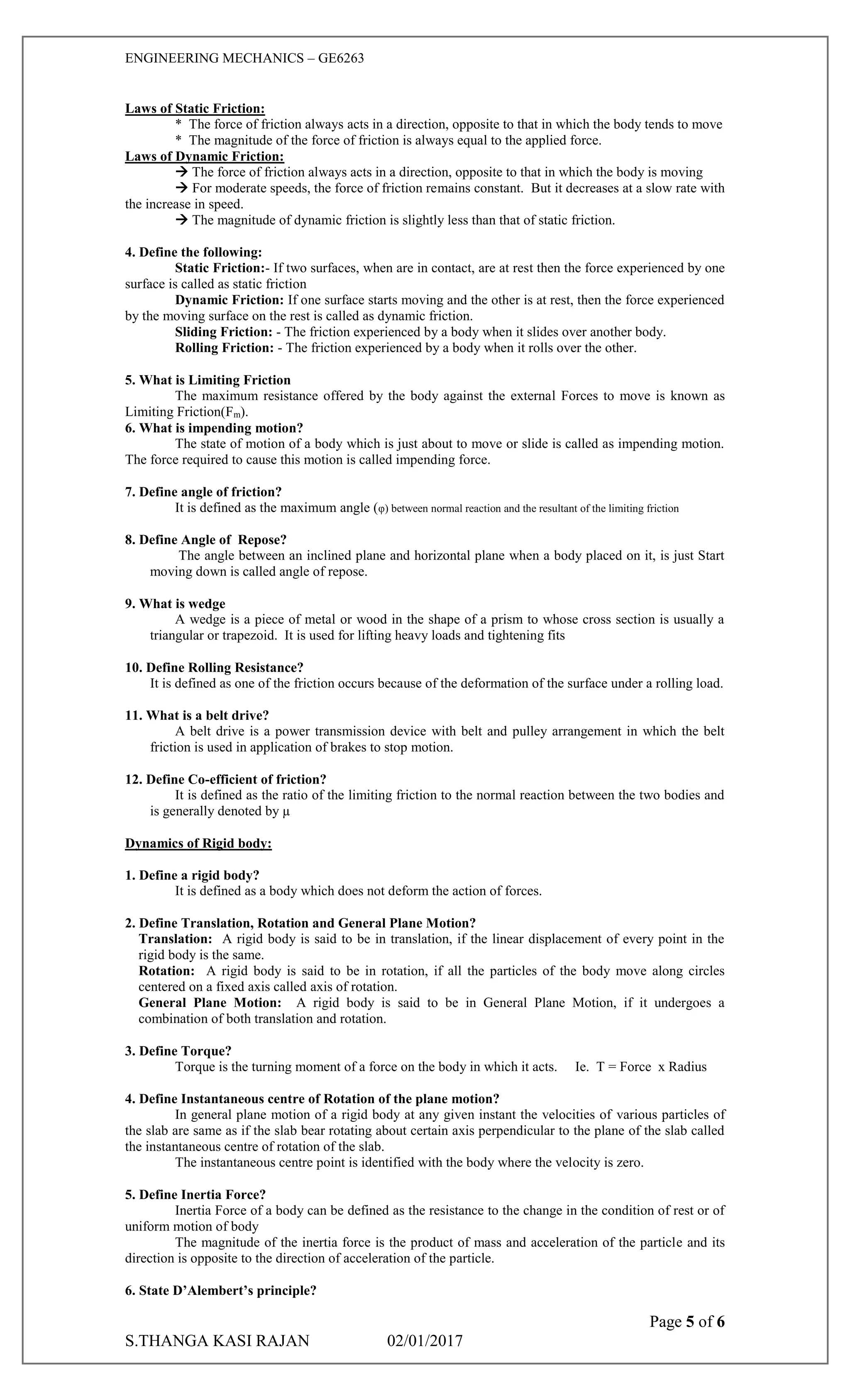2 mark question engineering mechanics | PDF