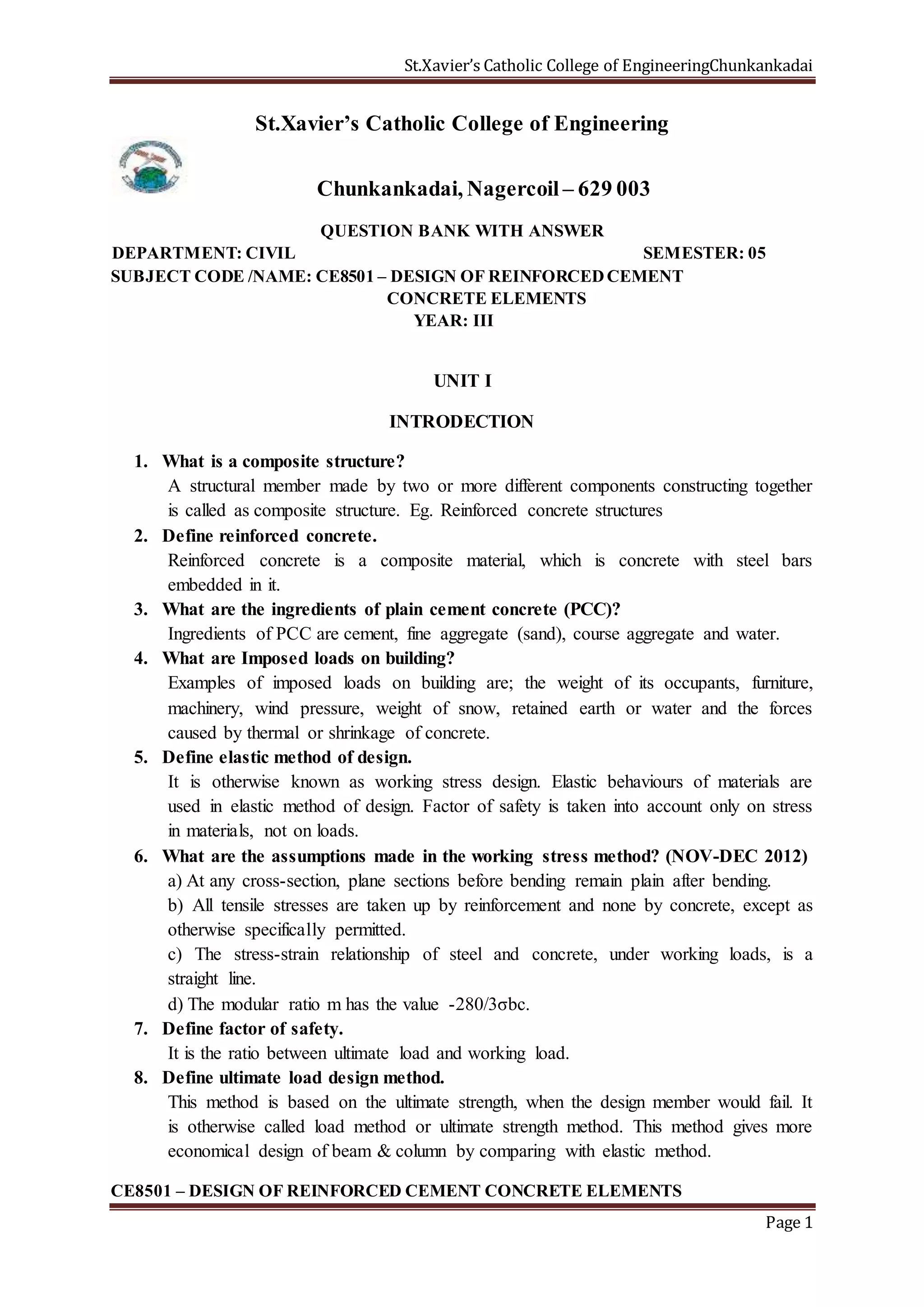 2 marks Question with Answer for Design of Reinforced Cement Concrete ...