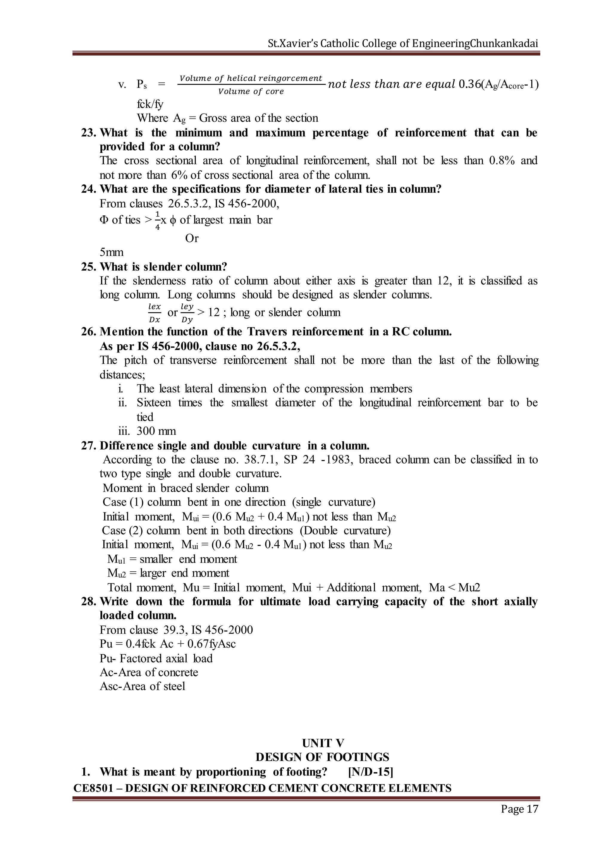 2 marks Question with Answer for Design of Reinforced Cement Concrete ...