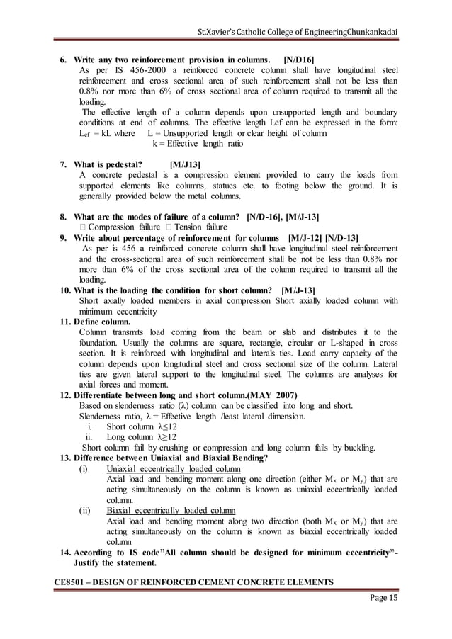 2 marks Question with Answer for Design of Reinforced Cement Concrete ...