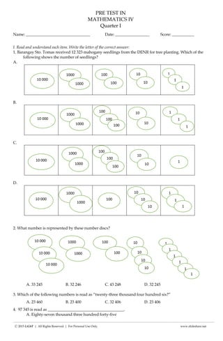 K TO 12 GRADE 4 PRE TEST IN MATHEMATICS (Q1) | PDF