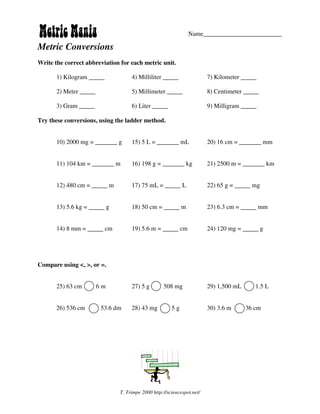 Metric Mania Worksheet | PDF