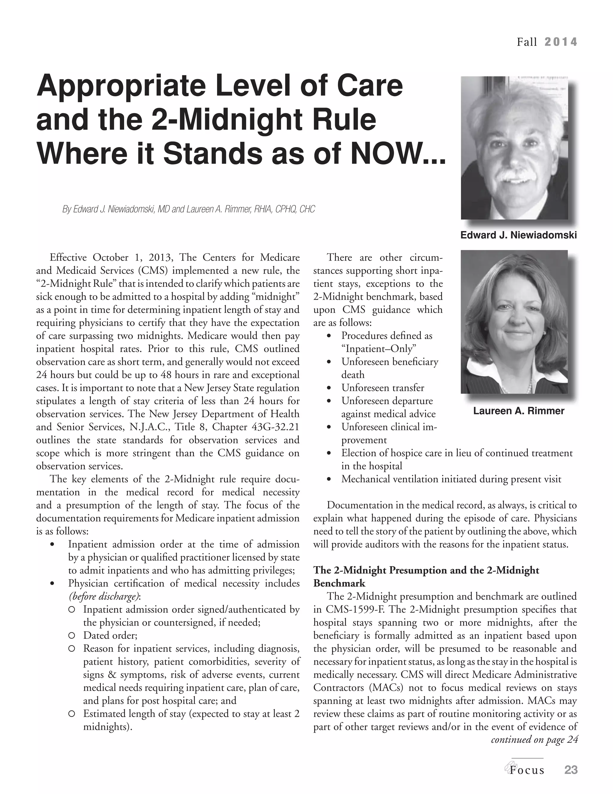 Appropriate Level of Care and the 2-Midnight Rule Where it Stands as of ...