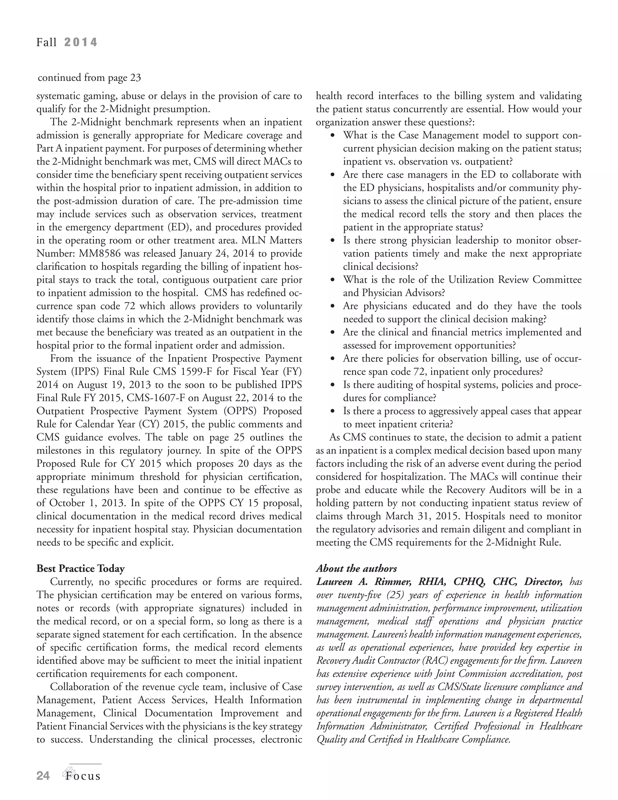 Appropriate Level of Care and the 2-Midnight Rule Where it Stands as of ...
