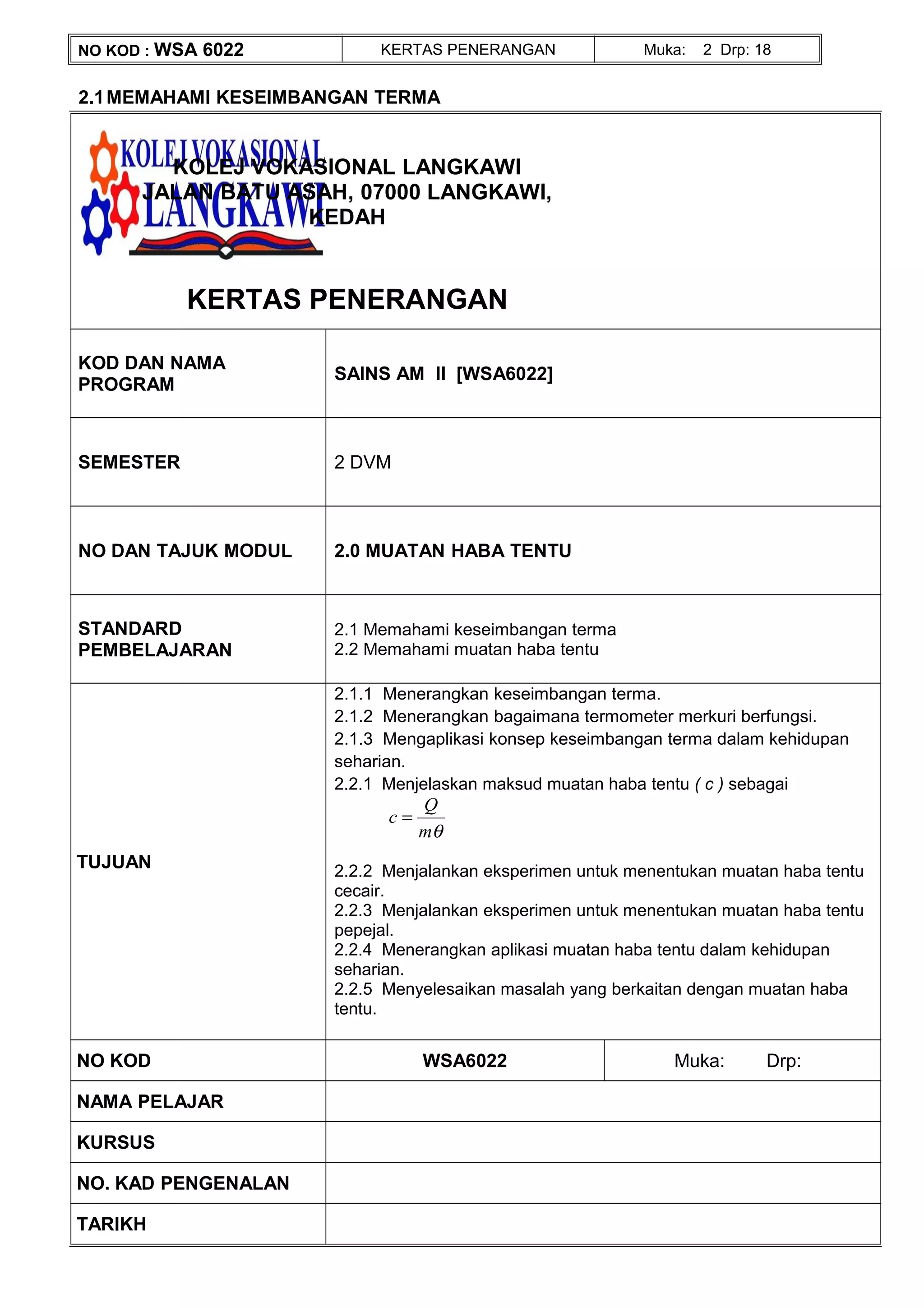 Kertas Penerangan Modul 2 Muatan Haba Tentu Sains Am 2 Diploma ...