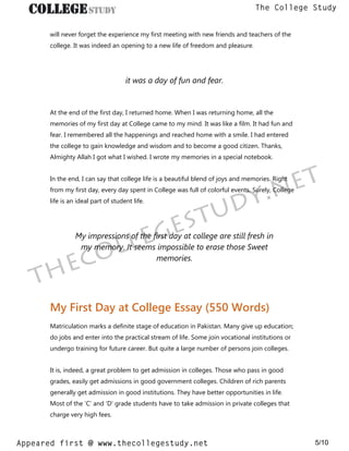 2 my first day at college short and long essays the college study | PDF