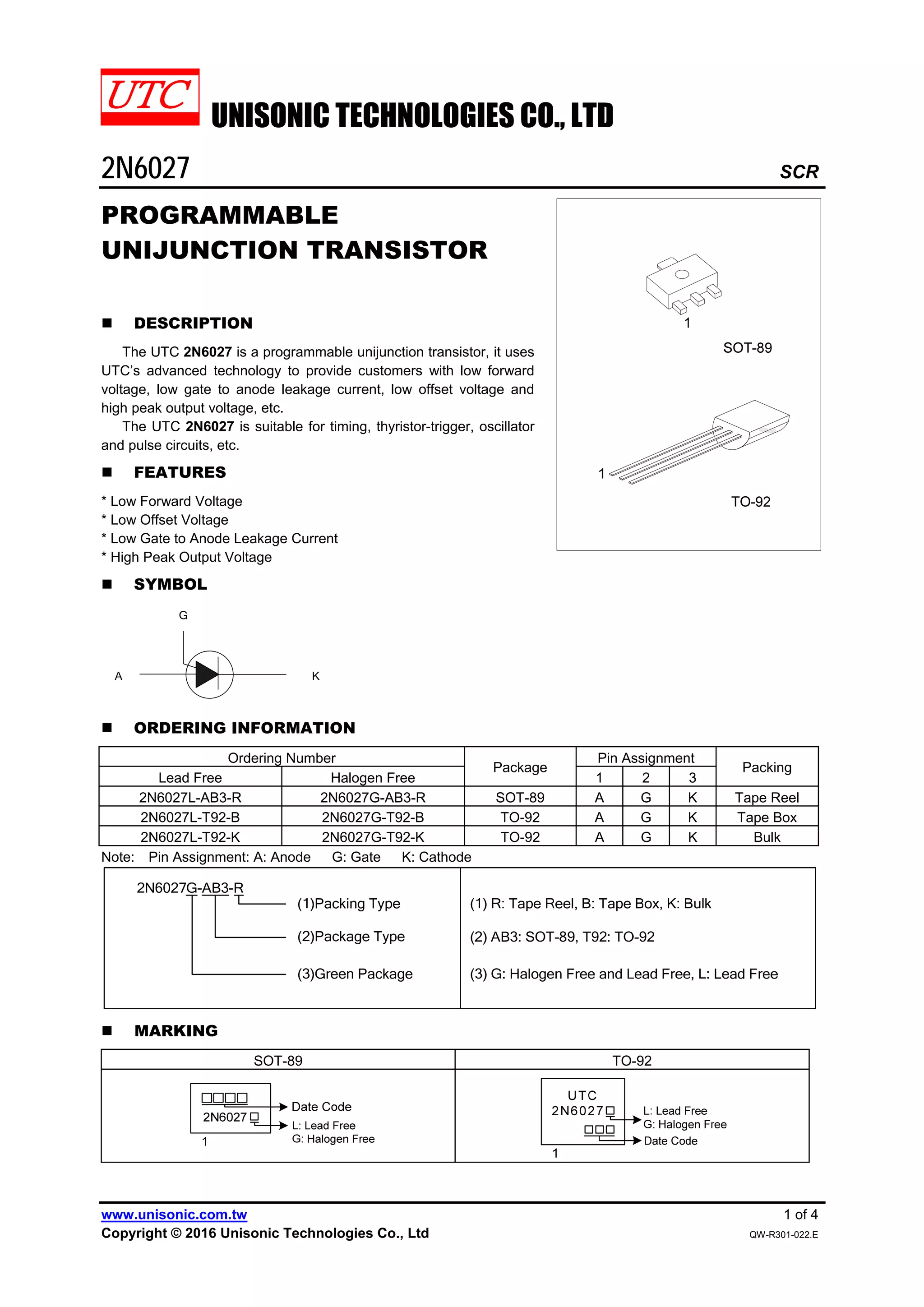 Original Transistor 2N6027 6027 TO-92 New UTC | PDF