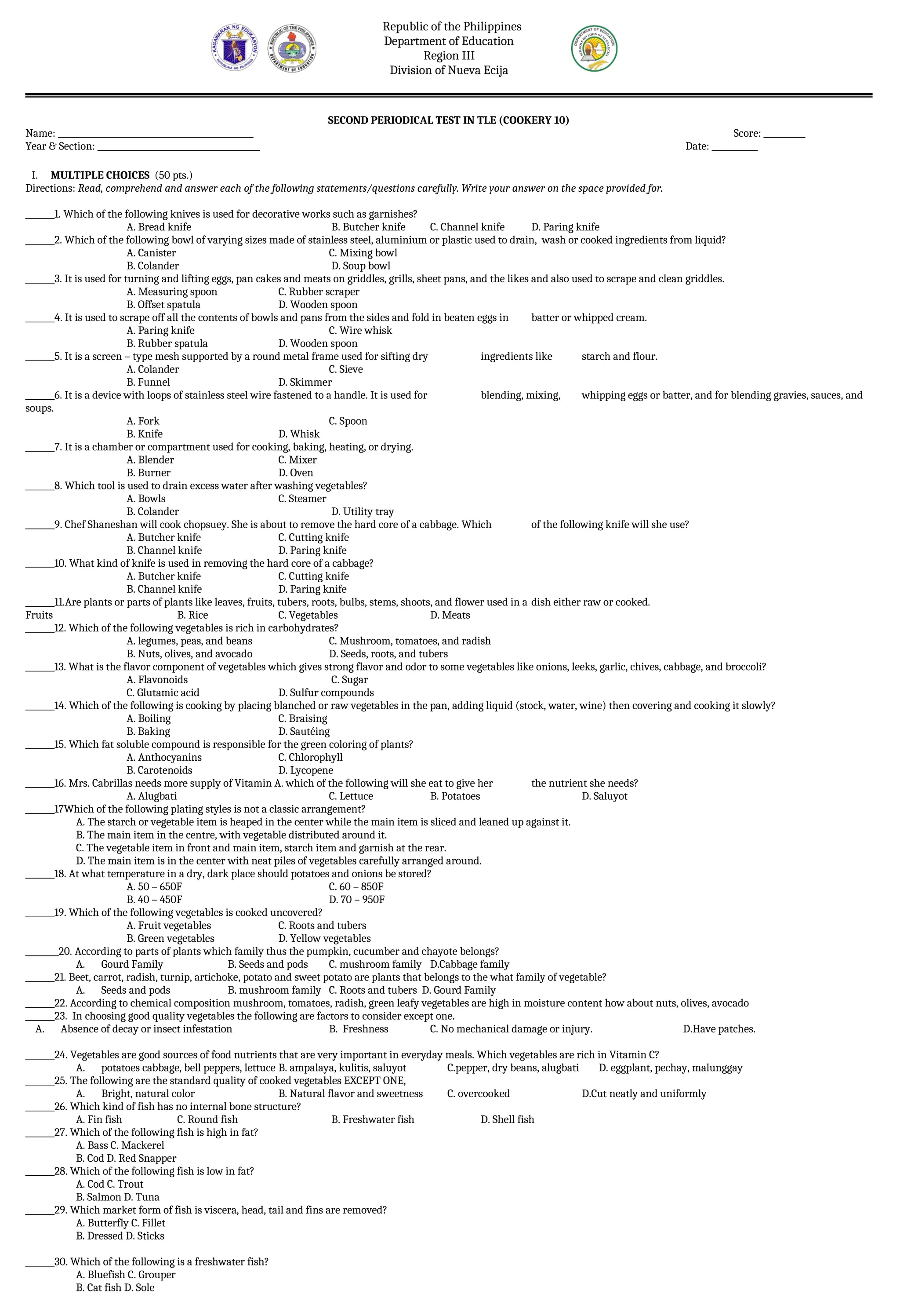 2nd Quarter Examination Cookery -Grade 1010 | DOCX