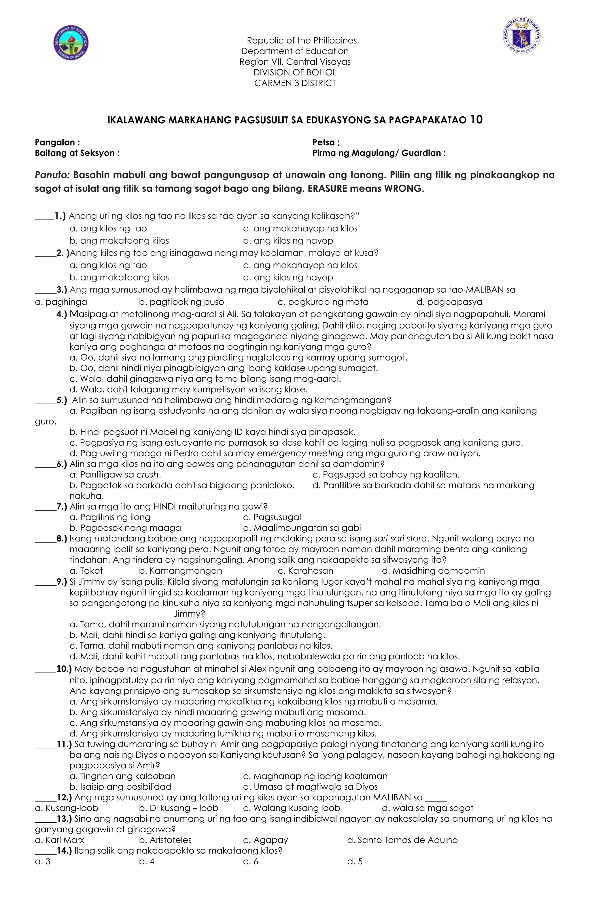 2nd-Quarter-Exam-EsP-10 for second grading | DOCX