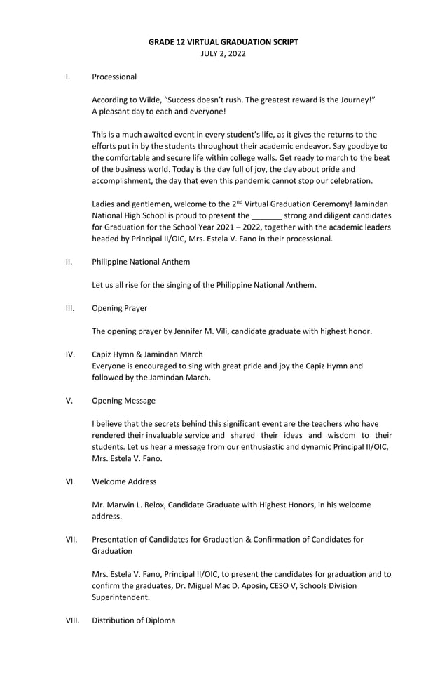 2ND-VIRTUAL-GRADUATION-SCRIPT.docx | Graduation | Personal Celebrations ...