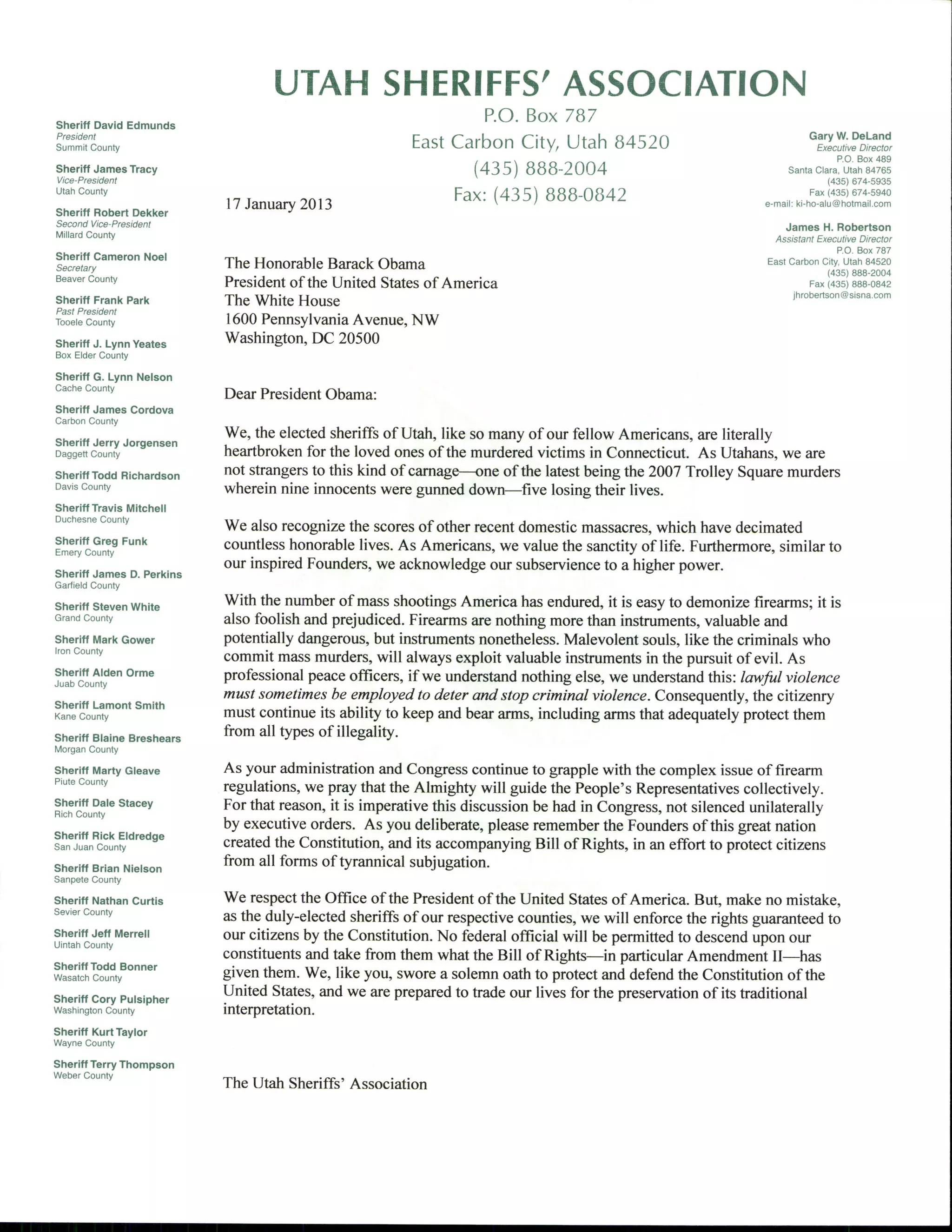 Open Letter to Obama (Utah Sheriff's Association) | PDF