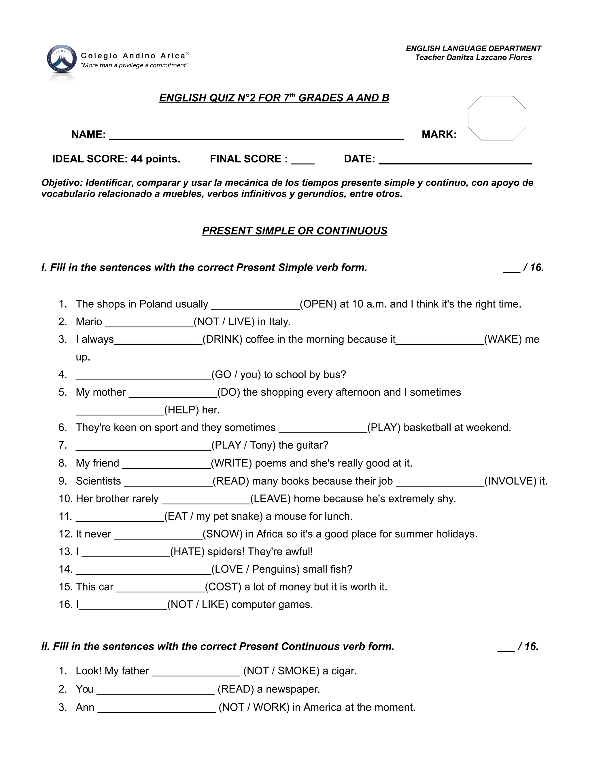 2nd english quiz present simple and now present for 7th grades | PDF