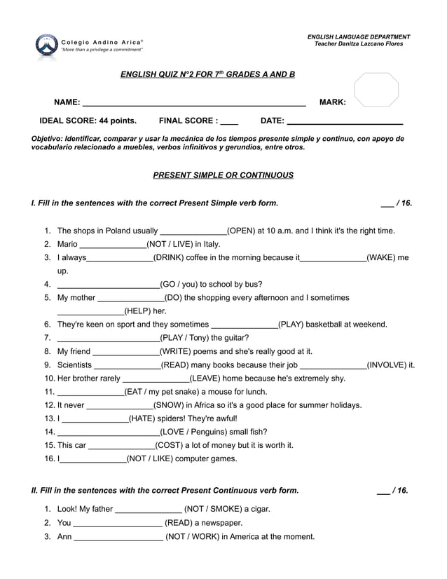 2nd english quiz present simple and now present for 7th grades | PDF