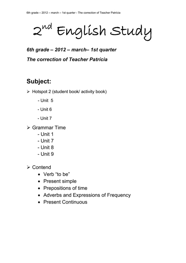 2nd english study 6th grade - march | PDF