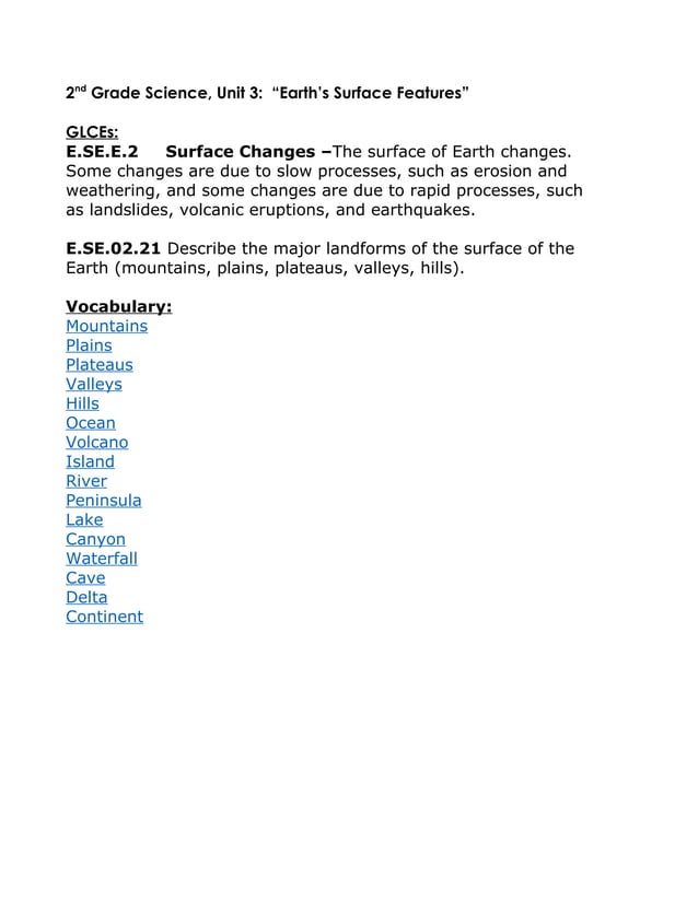2nd grade unit 3 earth's surface features landforms | DOC