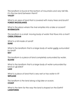 2nd grade unit 3 earth's surface features landforms | DOC