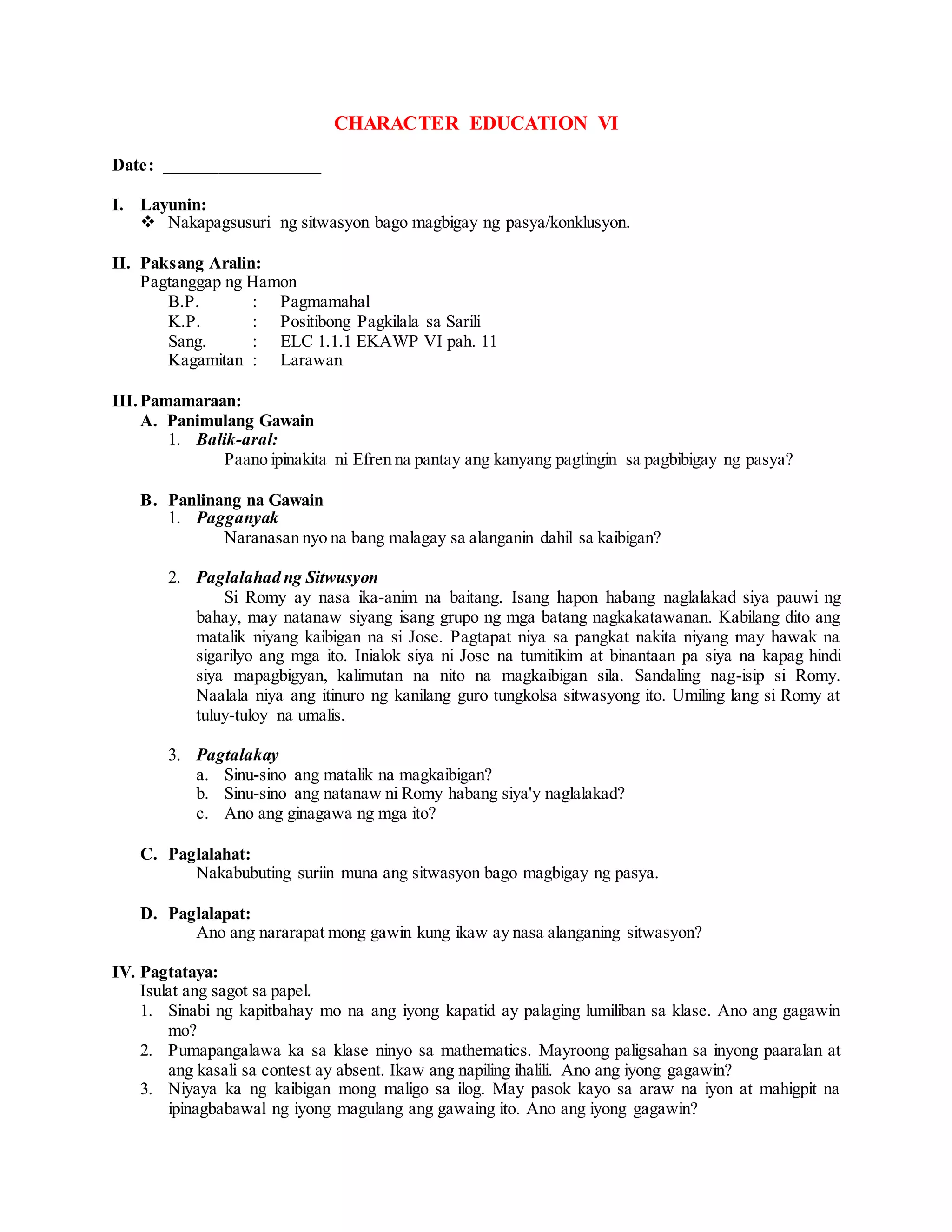 2nd grading character education vi | DOCX