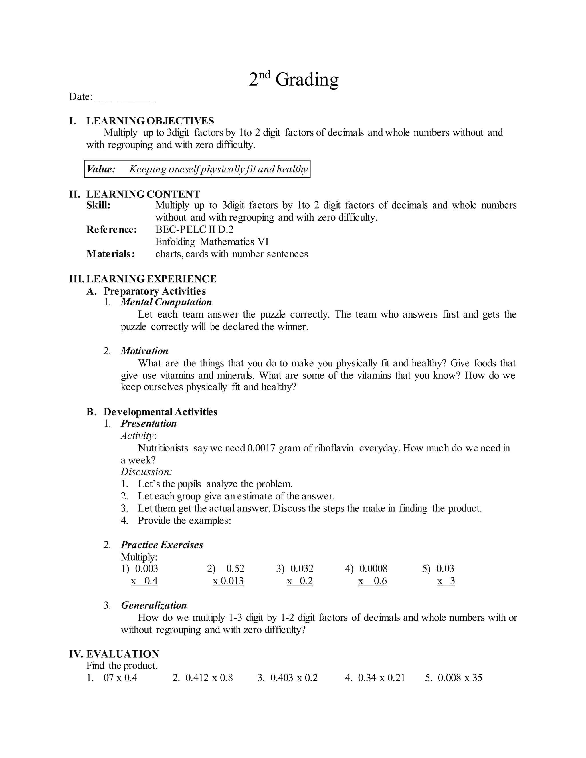 2nd grading mathematics grade vi | DOCX