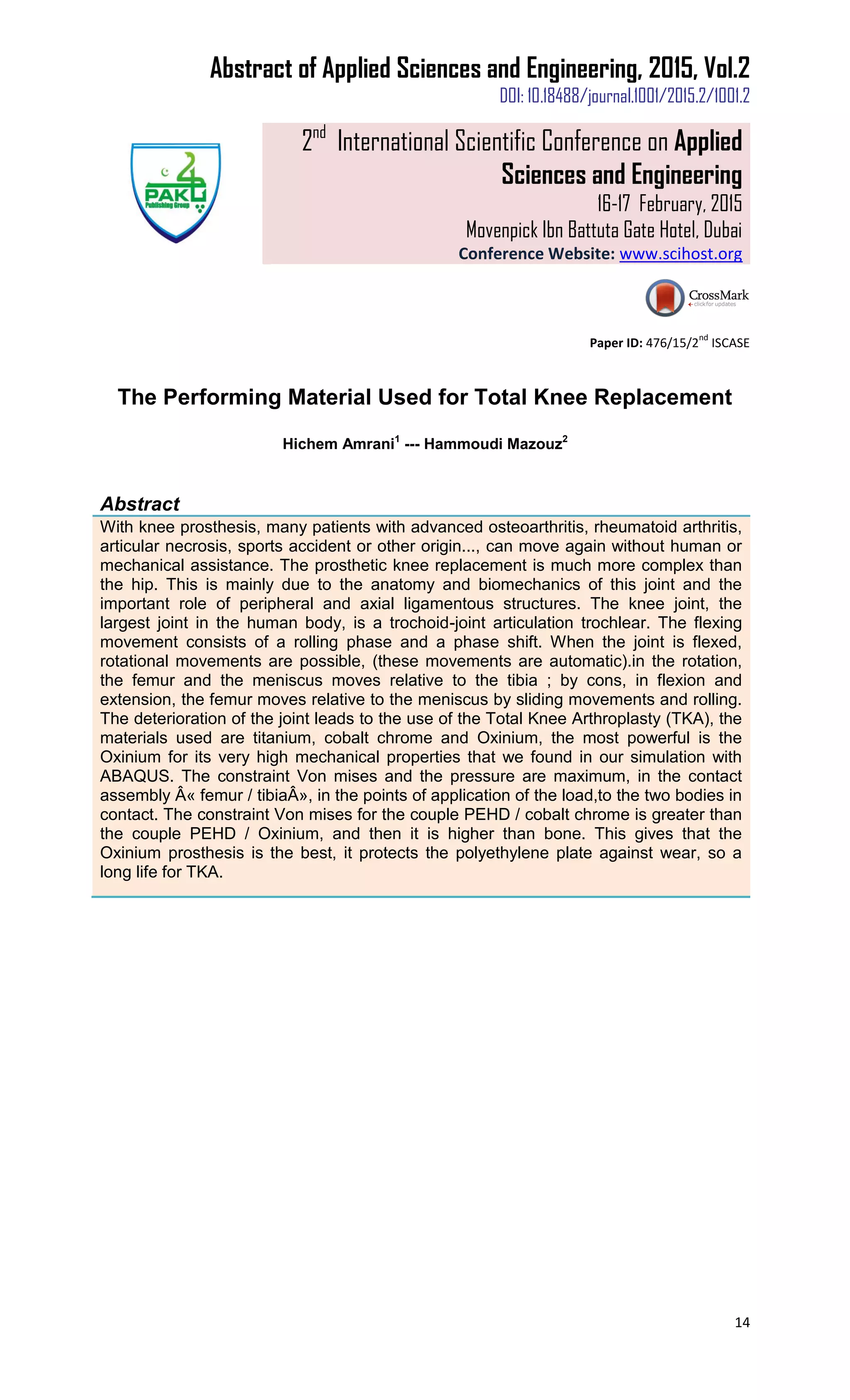The Performing Material Used for Total Knee Replacement | PDF