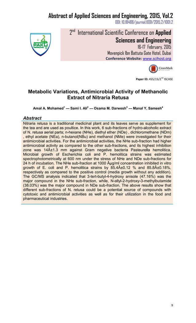 Metabolic Variations, Antimicrobial Activity of Methanolic Extract of Nitraria Retusa | PDF