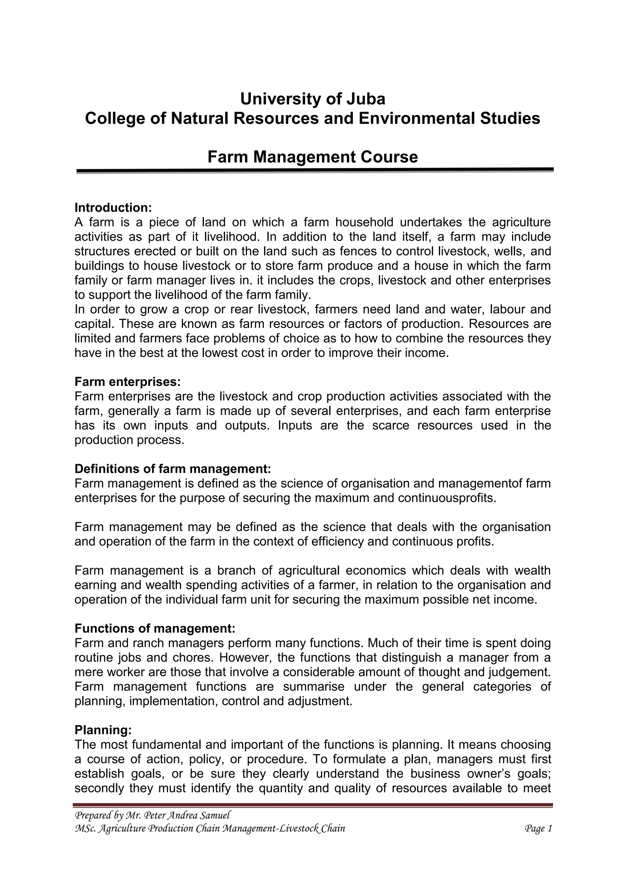 2nd lecture on Farm Management | DOCX