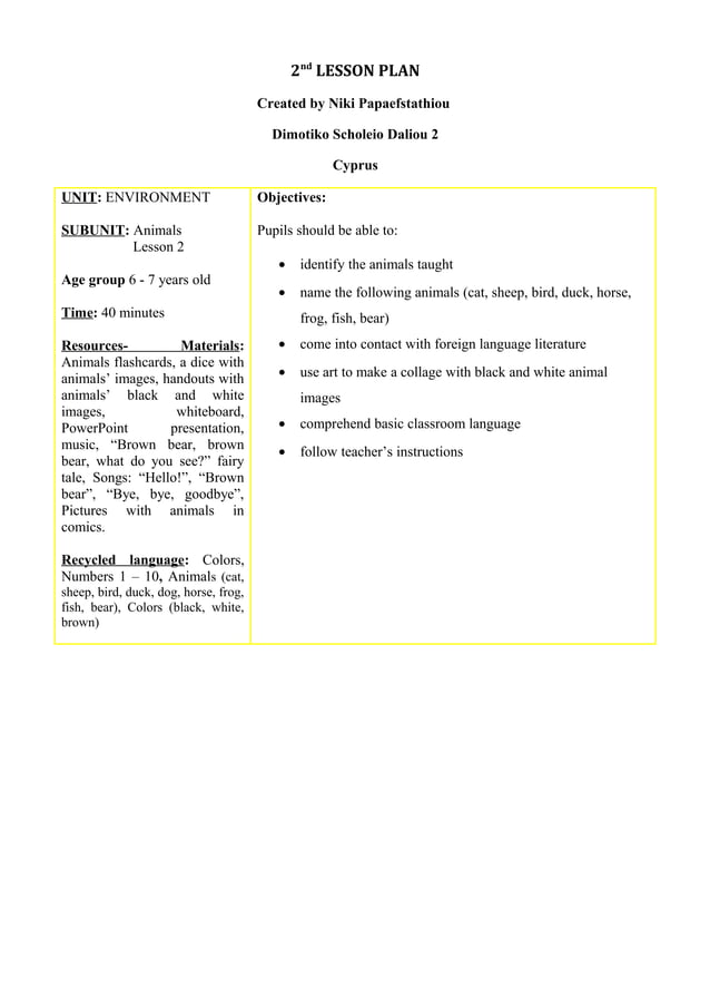 2nd lesson plan animals niki papaeftsthiou | DOC