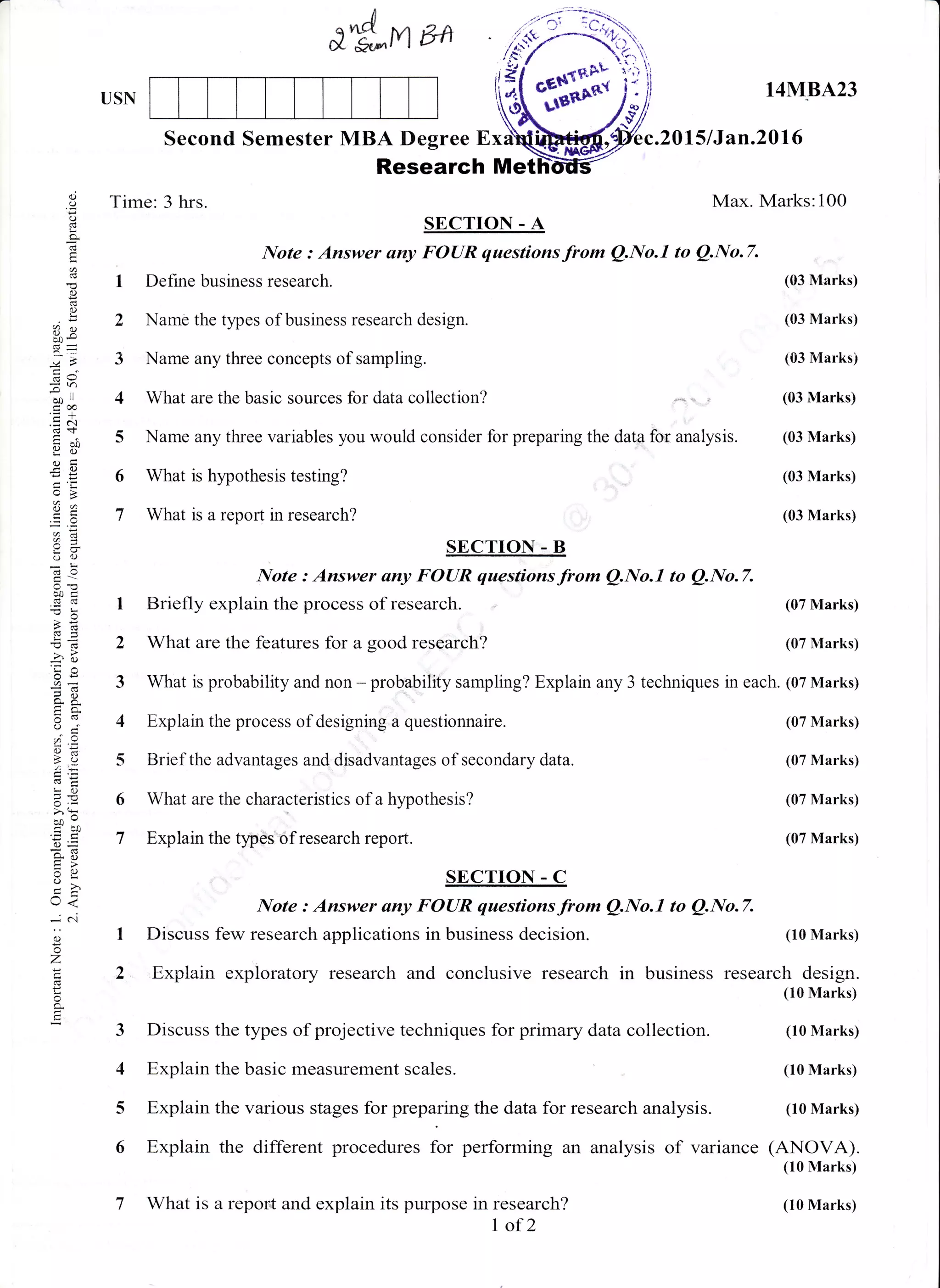 2nd Semester MBA (Dec-2015; Jan-2016) Question Papers | PDF