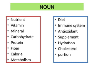 Word Level NOUN, VERB, ADJECTIVE in the context of Nutrition | PPTX
