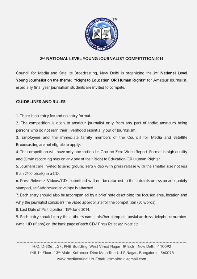 NATIONAL LEVEL YOUNG JOURNALIST COMPETITION 2014 by CMSB (Council For Media and Satellite ...