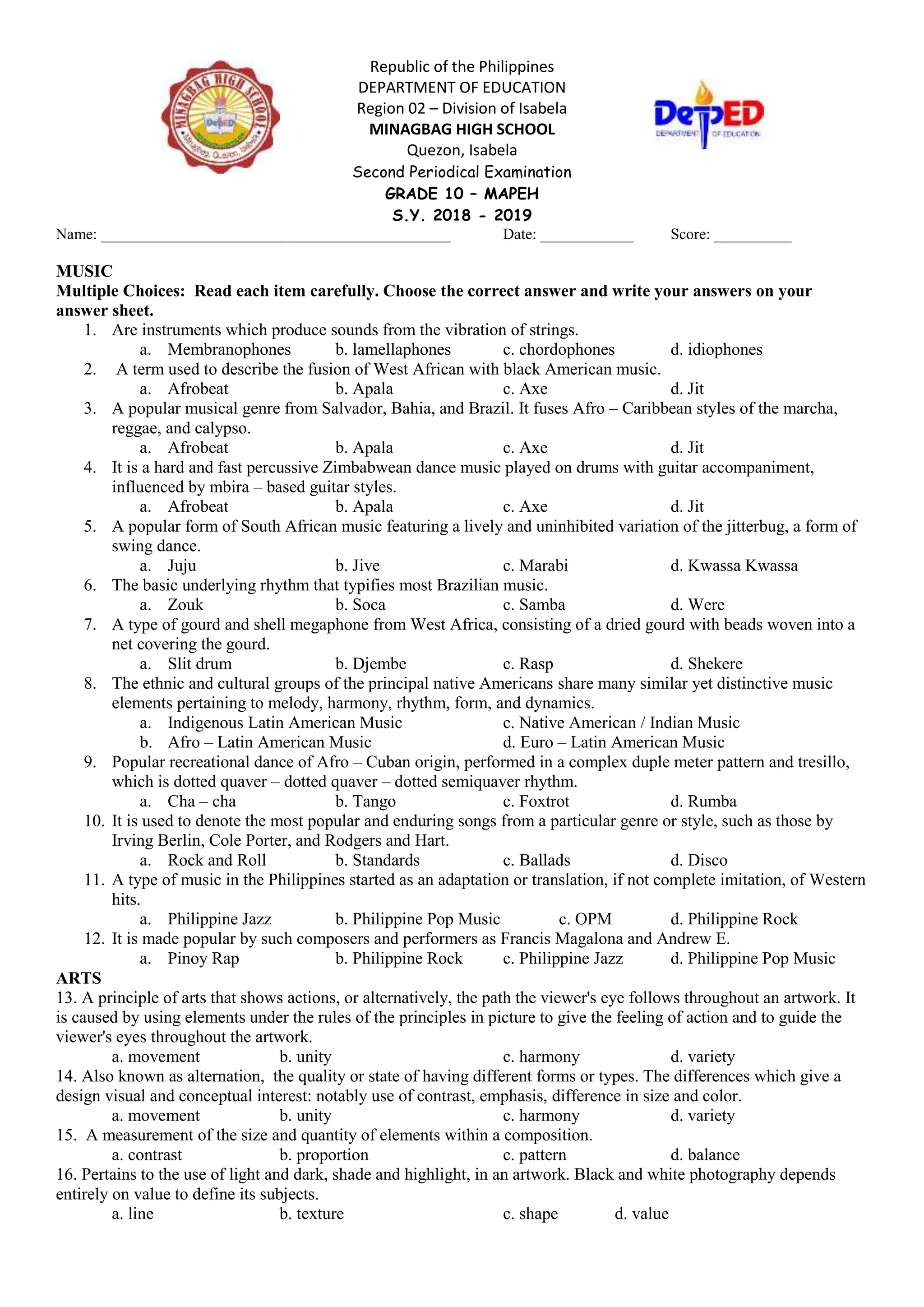 Second Quarterly Examination for Mapeh 10 | DOCX