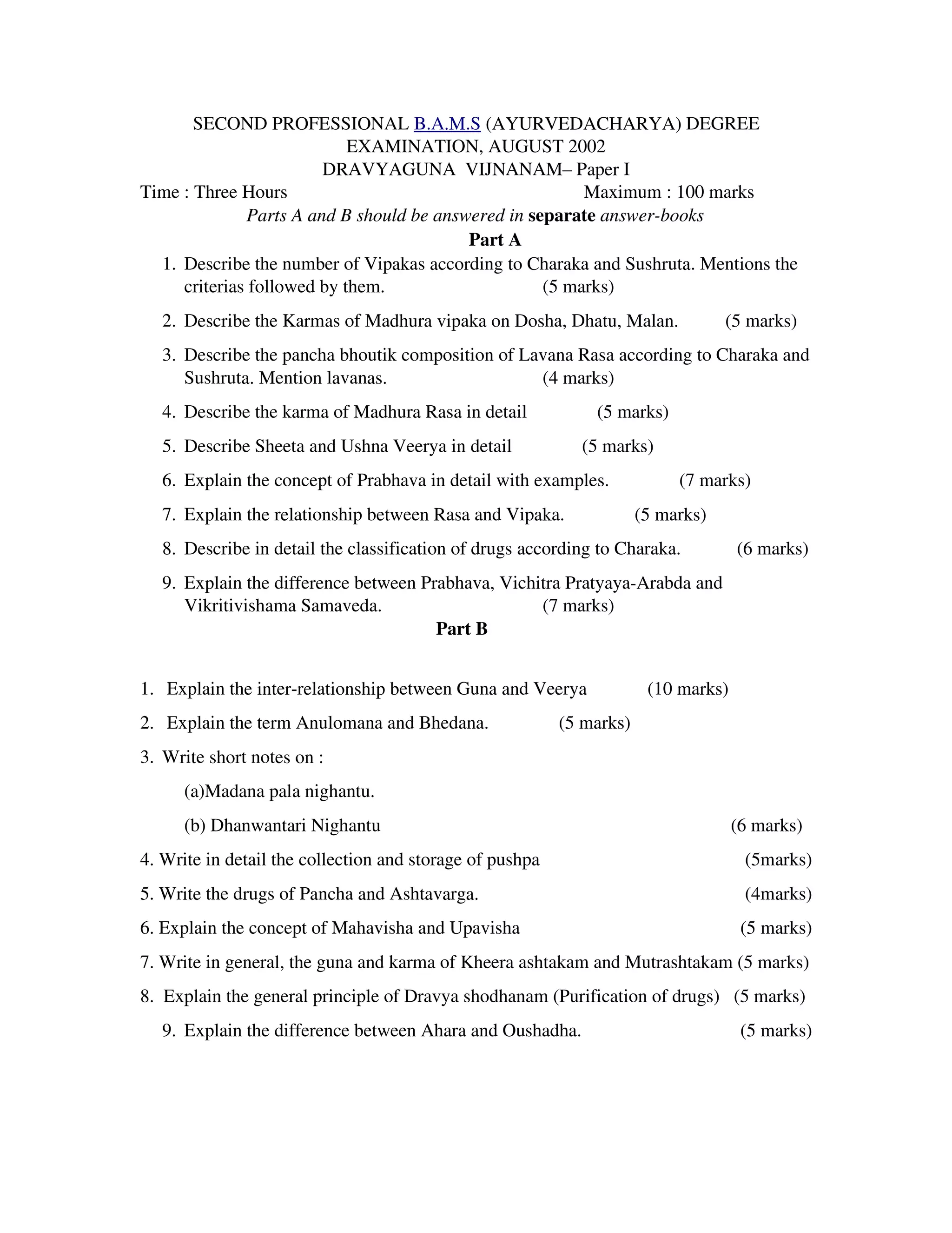 2nd prof bams model question paper 2002 | PDF