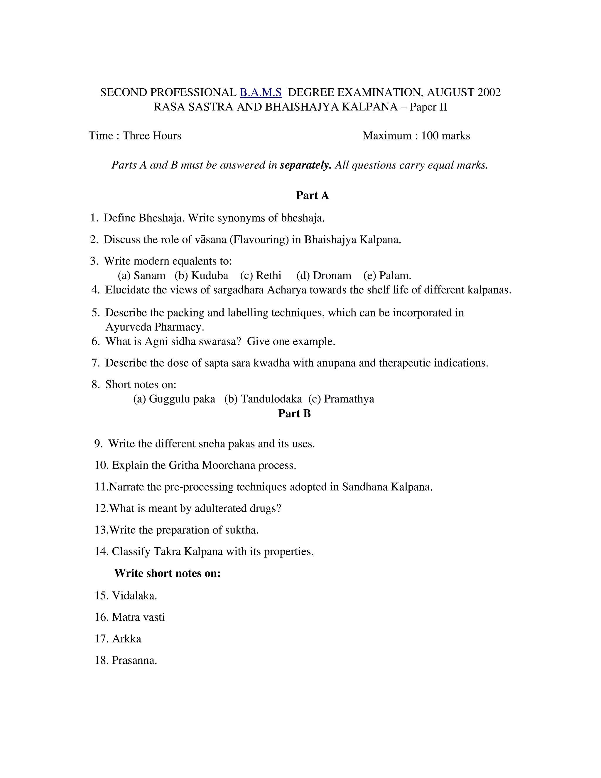 2nd prof bams model question paper 2002 | PDF