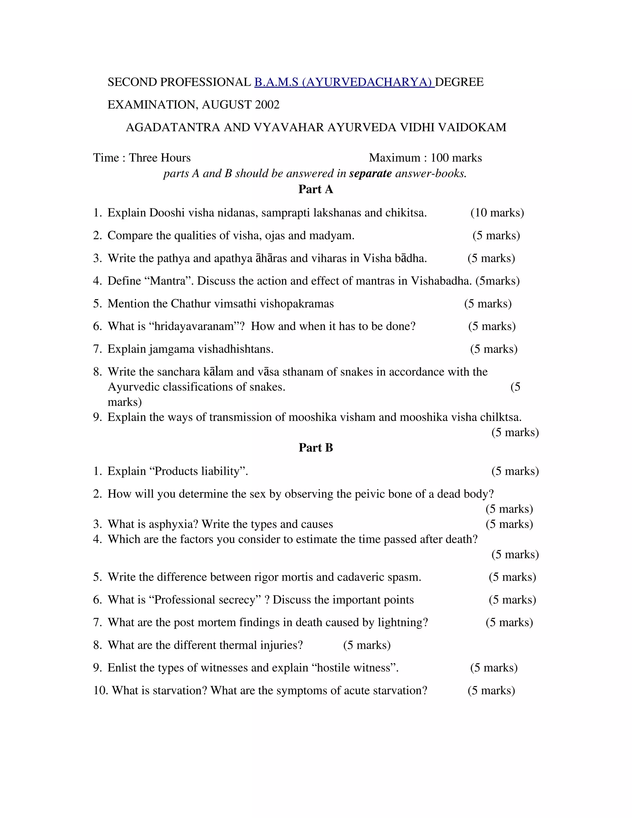 2nd prof bams model question paper 2002 | PDF