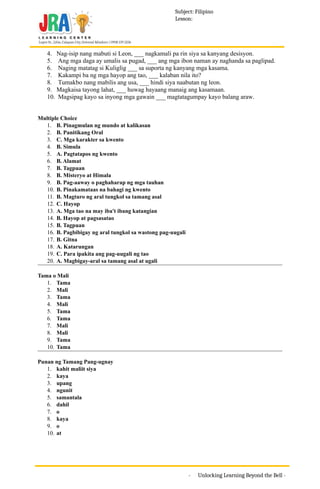 2nd QA filipino grade seven Reviewer and review test | DOCX