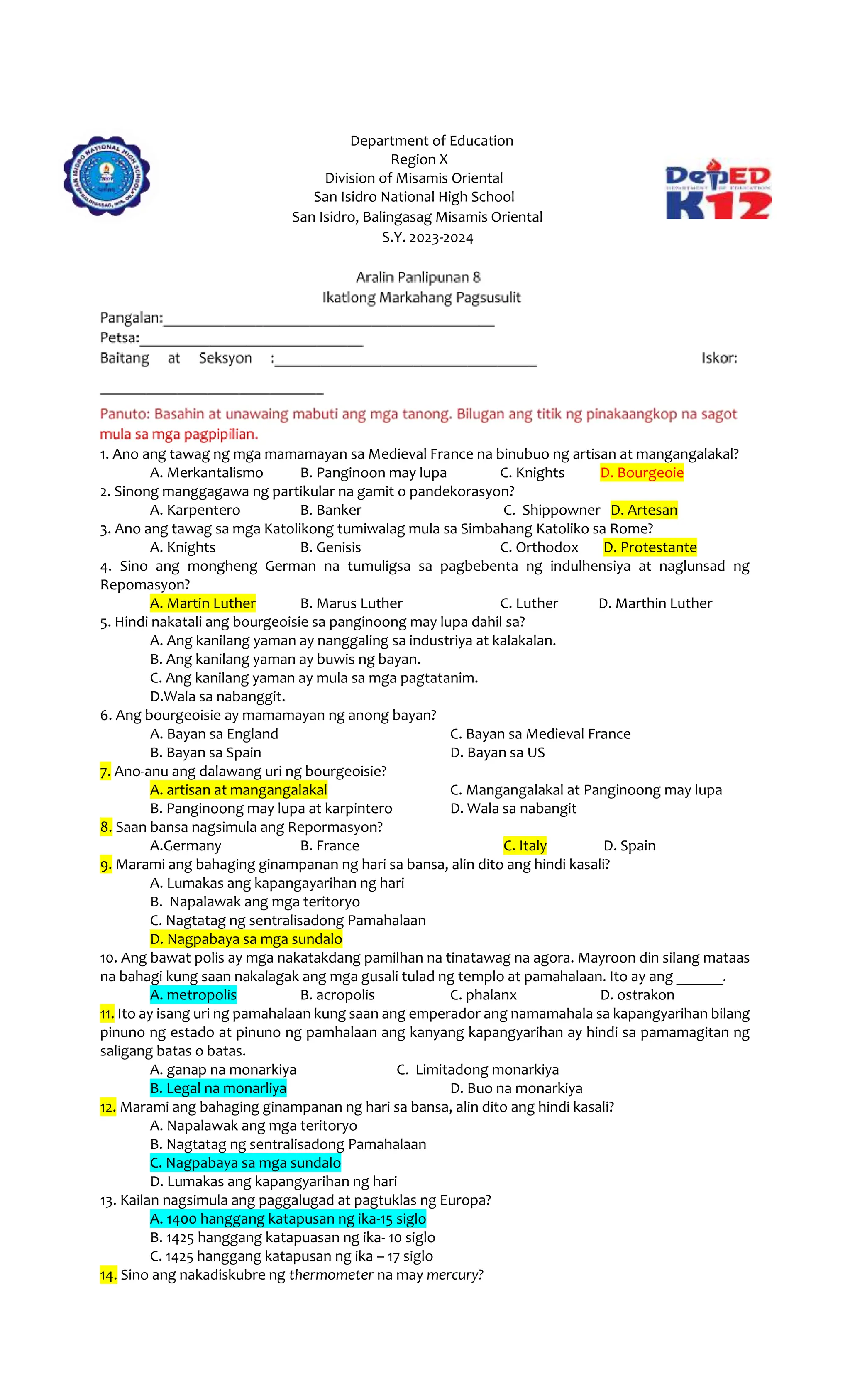 2nd QRTR Grade 8 Exam- Araling Panlipunan..docx