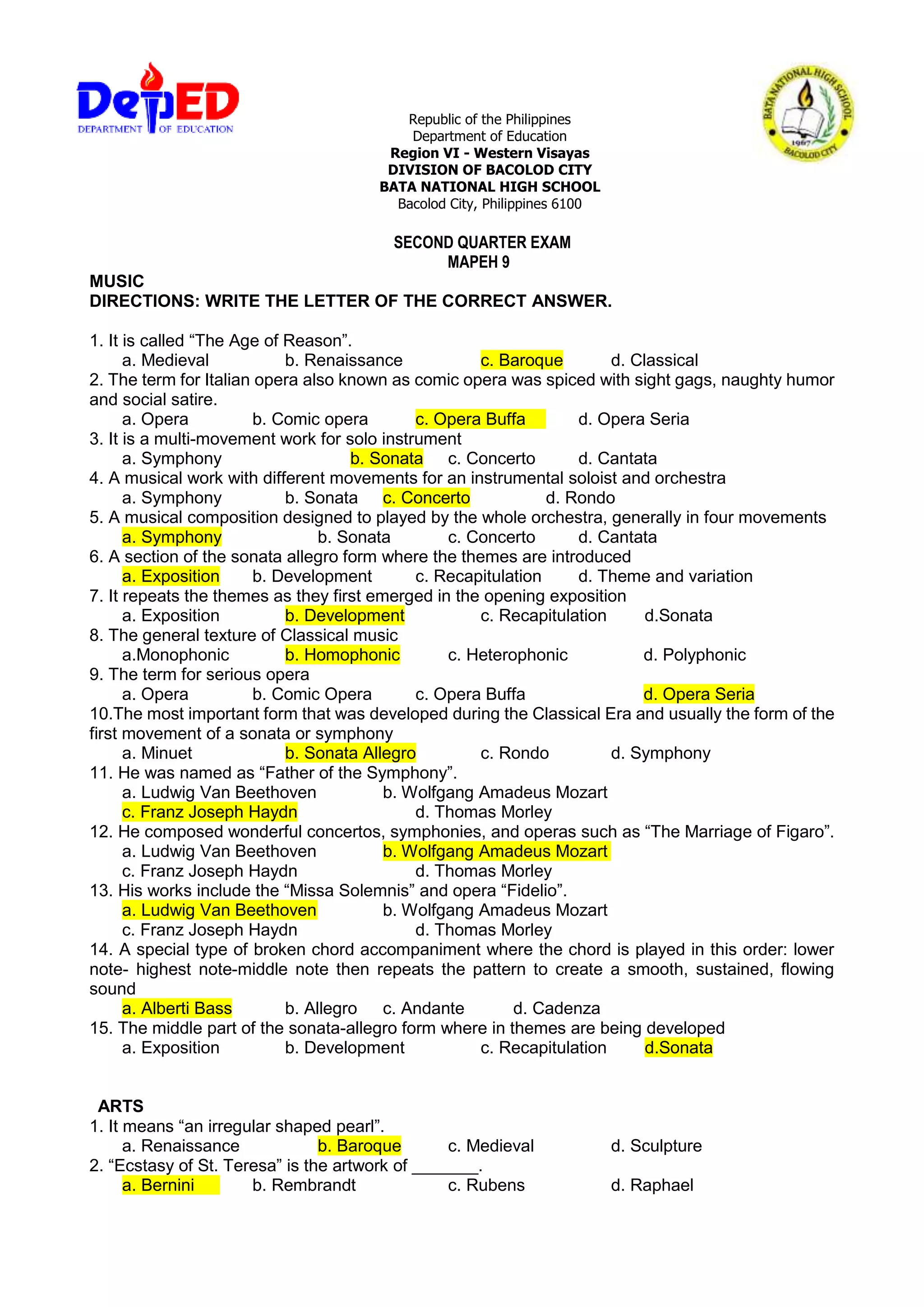 2nd Quarter Exam MAPEH 9 with AnswerKey.docx