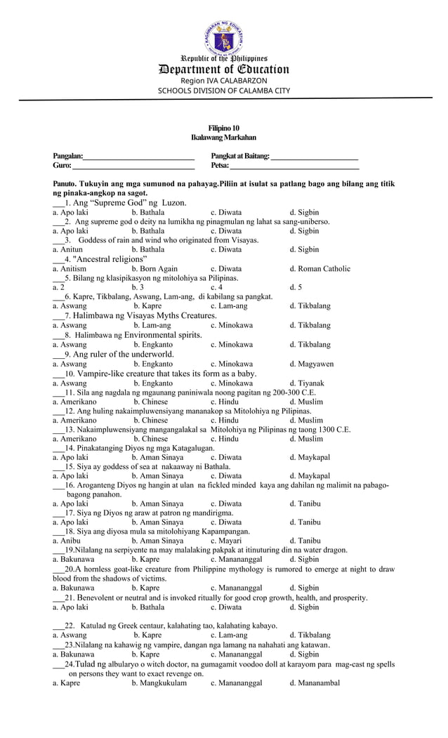 2nd quarter Filipino 10 Pagsusulit 10.docx